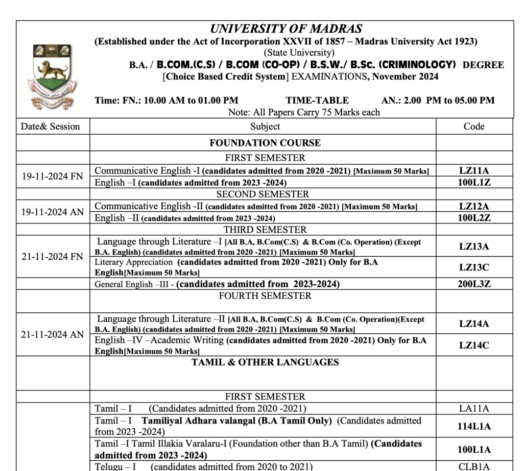 Madras University Exam Time Table 2025 Semester 1st 2nd 3rd 4th 5th 6th {Published}